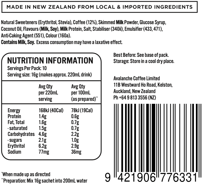 AVALANCHE 99% Sugar Free Latte 160gm 10s – Optimo Foods